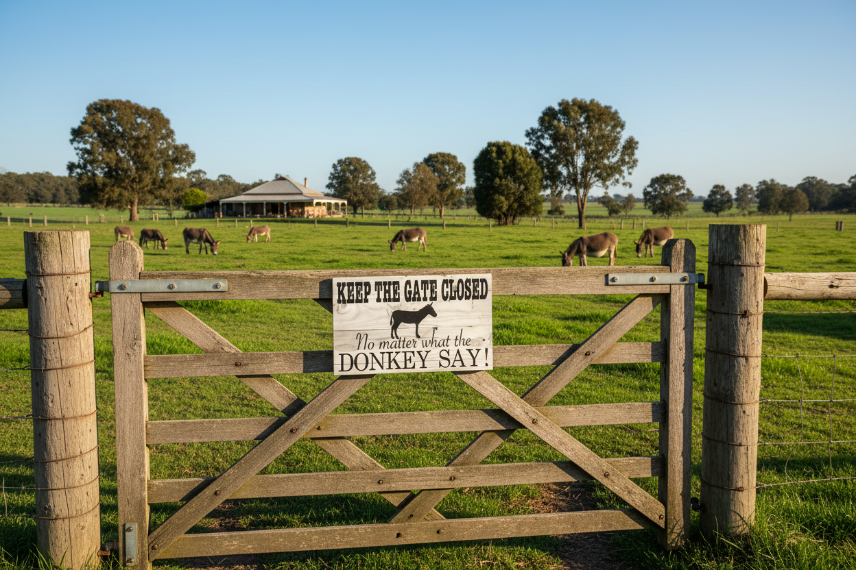 Keep Gate Closed Donkey Sign Timber Background | Aussie Made – The ...